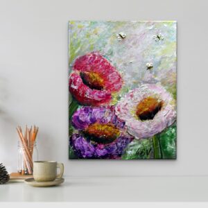 Bees and Flowers, Boho Whimsy Colorful Botanical Floral Oil Painting, BEE FARM