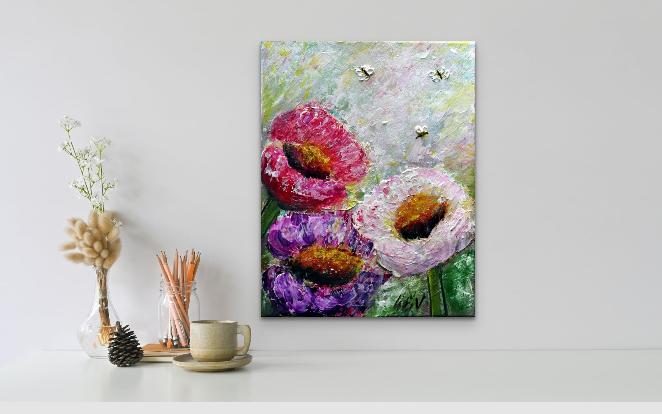 Bees and Flowers, Boho Whimsy Colorful Botanical Floral Oil Painting, BEE FARM