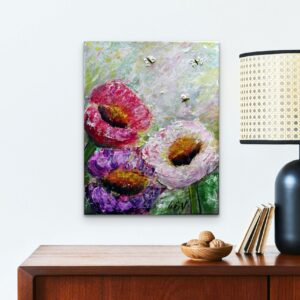 Bees and Flowers, Boho Whimsy Colorful Botanical Floral Oil Painting, BEE FARM