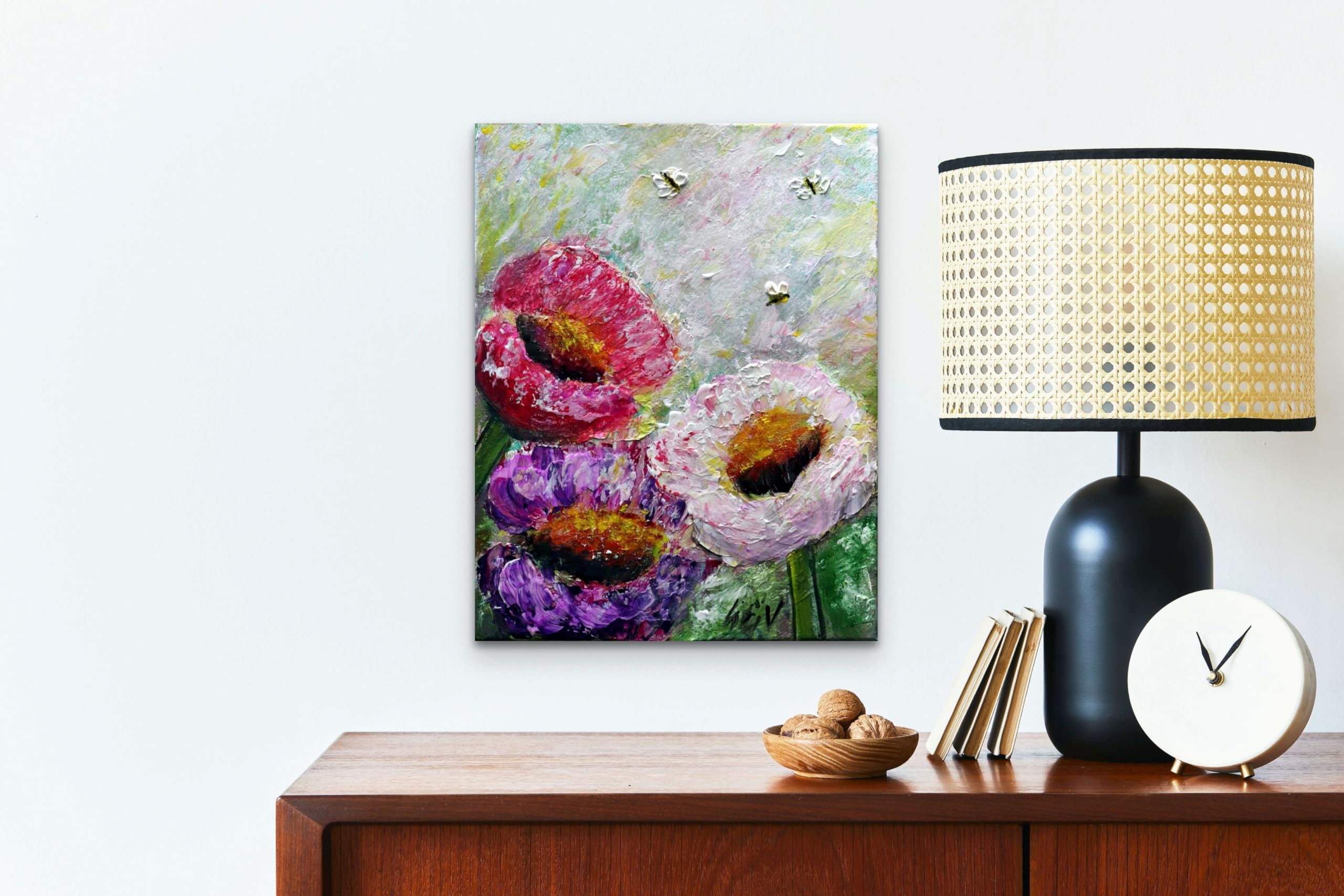 Bees and Flowers, Boho Whimsy Colorful Botanical Floral Oil Painting, BEE FARM