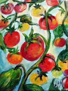 cherry tomatoes on the vine, food art, kitchen decor, vegetables oil painting, red yellow mini tomatoes wall decor