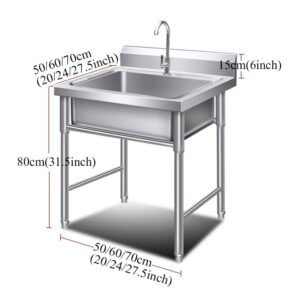 Stainless Steel Kitchen Prep & Utility Sink w/Faucet, Commercial Restaurant Free Standing Sink, Outdoor Washing Hand Basin (Size : 60x60x80cm)