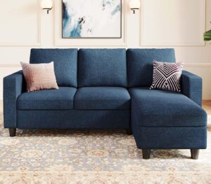 belffin convertible sectional sofa, l shaped modern couch, small couch with reversible chaise for living room and small space, navy blue