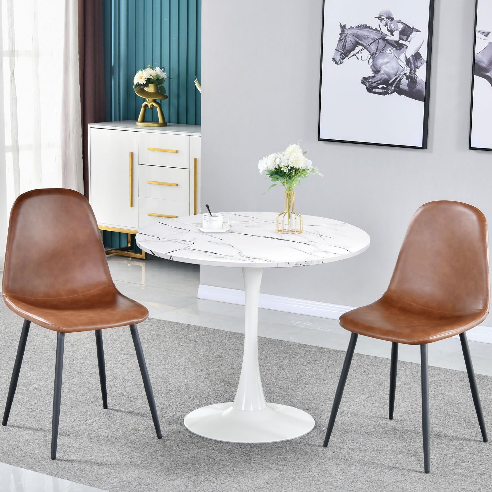 Round Dining Table White Faux Marble Kitchen Dining Table 31.5" Modern Mid-Century Leisure Tulip Table with Pedestal Base for Dining Room 2 to 4 Person