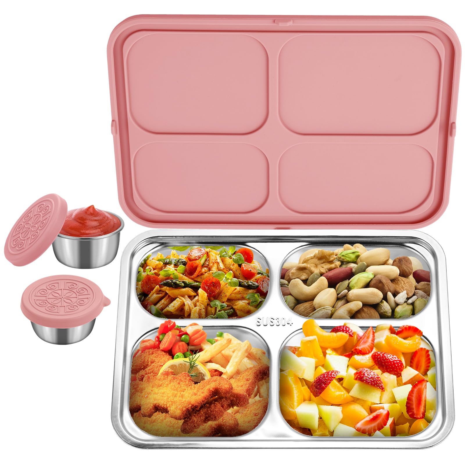 LEGELITE Stainless Steel Bento Box Container with 2 Sauce Cups, 4 Compartments Premium Bento Box, Metal Lunch Box Set for Kids or Adults (Pink)