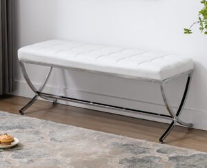 shunzhi modern entryway bench modern faux leather dining bench upholstered end of bed bench button tufted ottoman stool bench waiting room bench with metal legs for living room/bedroom, white