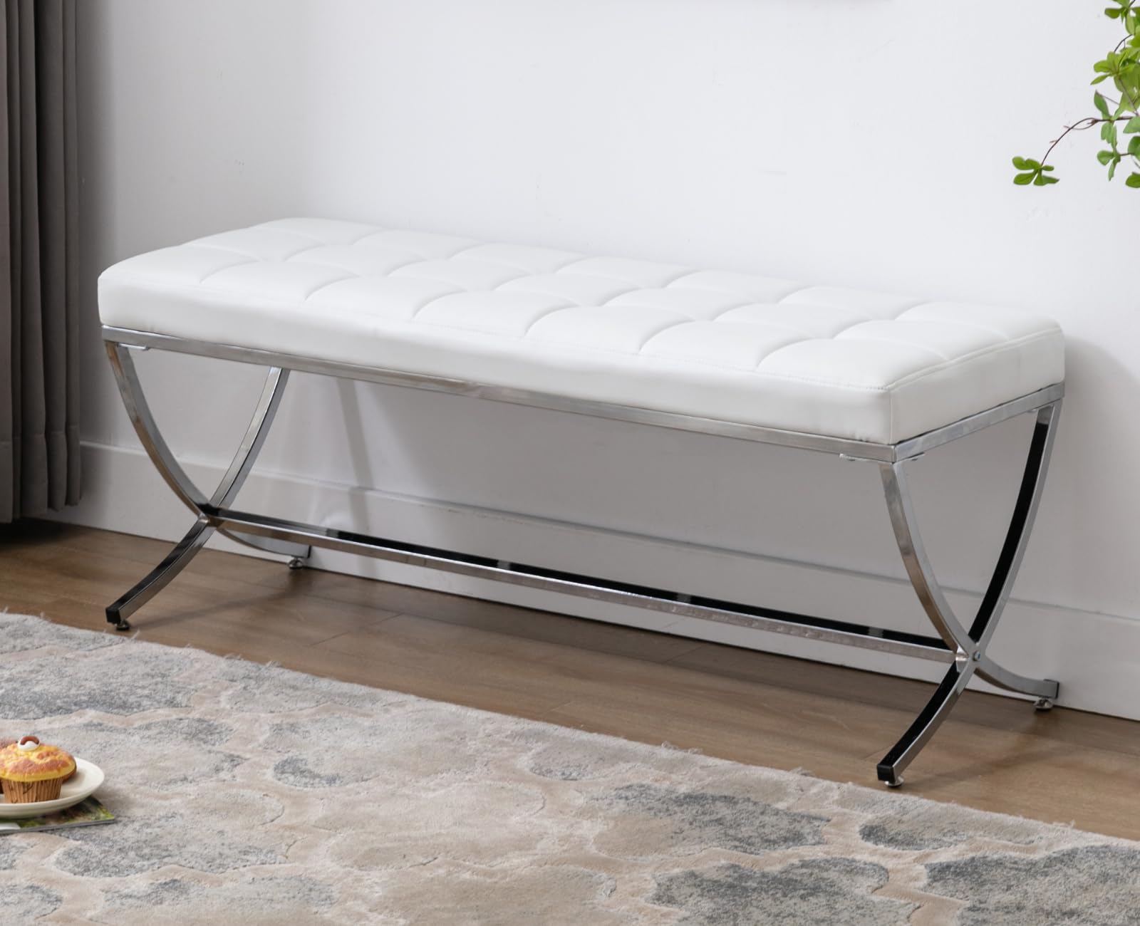 Shunzhi Modern Entryway Bench Modern Faux Leather Dining Bench Upholstered End of Bed Bench Button Tufted Ottoman Stool Bench Waiting Room Bench with Metal Legs for Living Room/Bedroom, White