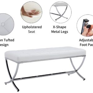 Shunzhi Modern Entryway Bench Modern Faux Leather Dining Bench Upholstered End of Bed Bench Button Tufted Ottoman Stool Bench Waiting Room Bench with Metal Legs for Living Room/Bedroom, White