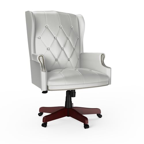 High Back Leather Executive Office Chair, 330LBS Heavy Duty Ergonomic Design Thick Padded Seat and Backrest, Button Tufted Styling Reclining Comfortable Desk Chair for Home, Executive, Office - White