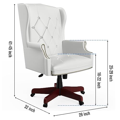 High Back Leather Executive Office Chair, 330LBS Heavy Duty Ergonomic Design Thick Padded Seat and Backrest, Button Tufted Styling Reclining Comfortable Desk Chair for Home, Executive, Office - White