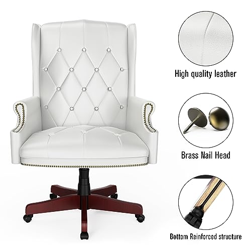 High Back Leather Executive Office Chair, 330LBS Heavy Duty Ergonomic Design Thick Padded Seat and Backrest, Button Tufted Styling Reclining Comfortable Desk Chair for Home, Executive, Office - White