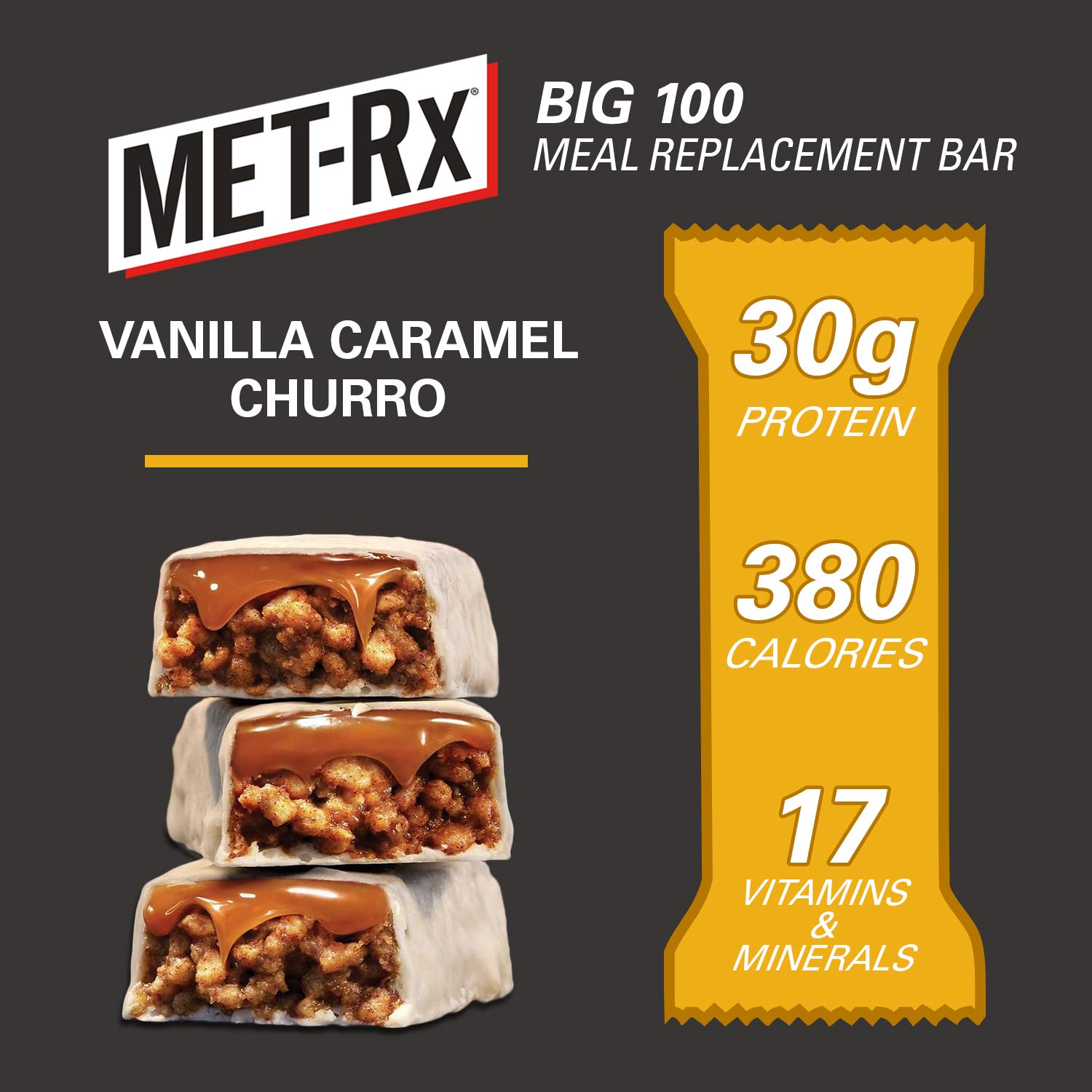 MET-Rx Big 100 Colossal Protein Bars, Vanilla Caramel Churro Meal Replacement Bars, Brown, 9 Count (Pack of 2)