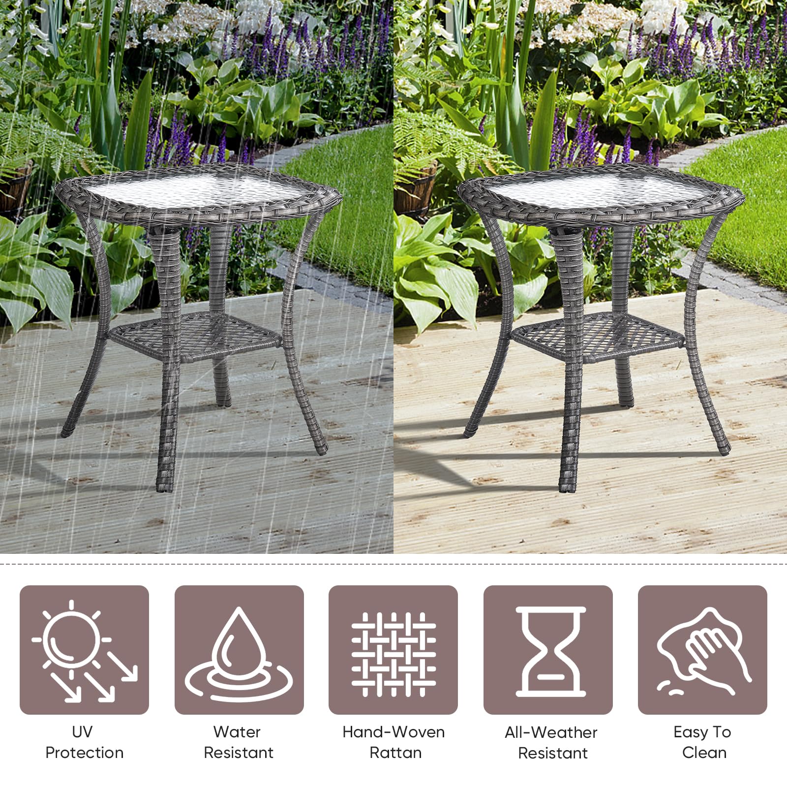 Opohoro Patio Wicker Side Table, Outdoor PE Rattan End Table with 5mm Tempered Glass Top and 2-Tier Storage Shelf, 20" Square Coffee Table for Deck Porch Garden Backyard-Grey