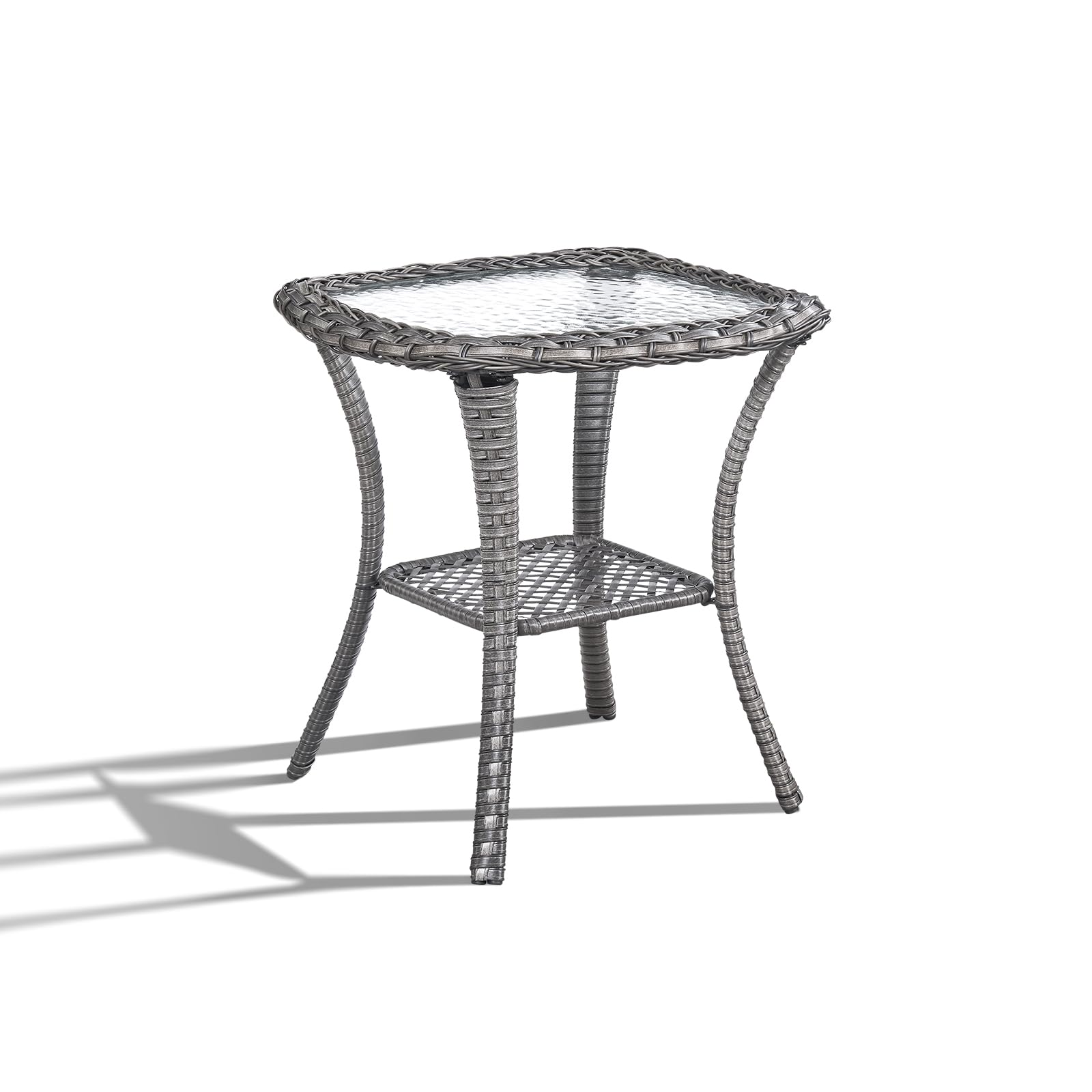 Opohoro Patio Wicker Side Table, Outdoor PE Rattan End Table with 5mm Tempered Glass Top and 2-Tier Storage Shelf, 20" Square Coffee Table for Deck Porch Garden Backyard-Grey