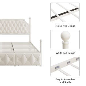 Keyluv Queen Upholstered Canopy Bed Frame with 2 Drawers and Button Tufted Headboard, Metal Platform Bed with 4 Removable Posts Two-Purpose Velvet Bed No Box Spring Needed, Beige/Curtains Not Included