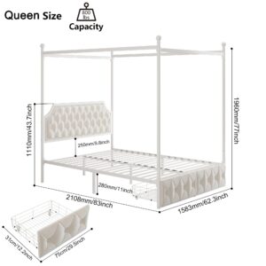 Keyluv Queen Upholstered Canopy Bed Frame with 2 Drawers and Button Tufted Headboard, Metal Platform Bed with 4 Removable Posts Two-Purpose Velvet Bed No Box Spring Needed, Beige/Curtains Not Included