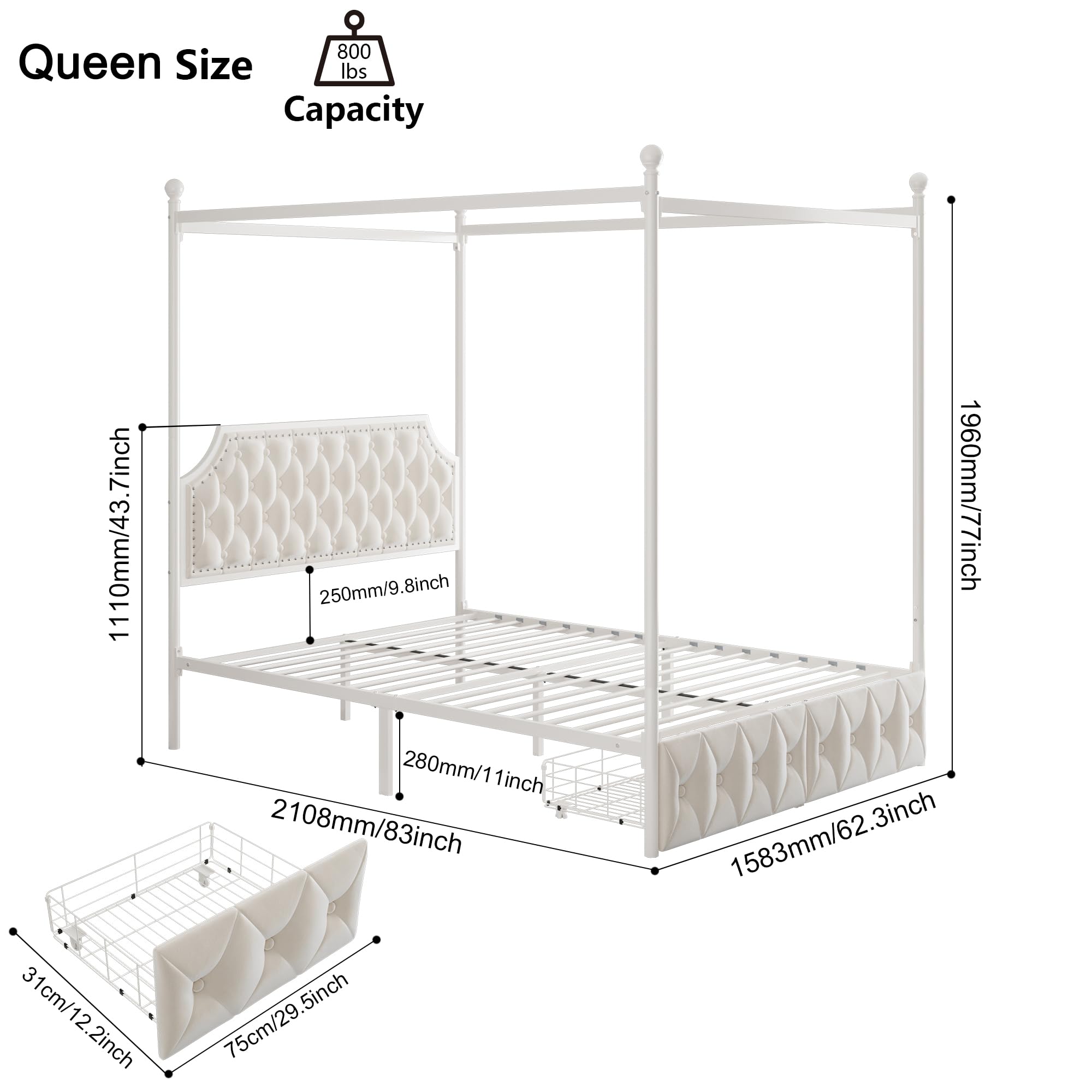 Keyluv Queen Upholstered Canopy Bed Frame with 2 Drawers and Button Tufted Headboard, Metal Platform Bed with 4 Removable Posts Two-Purpose Velvet Bed No Box Spring Needed, Beige/Curtains Not Included