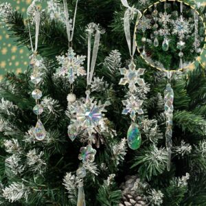 GuassLee 18pcs Crystal Christmas Tree Ornaments - Iridescent Acrylic Snowflake Icicle Drop Crystal Hanging Ornaments for Tree Iridescent Party Decor Christmas Frozen Themed Birthday Decor