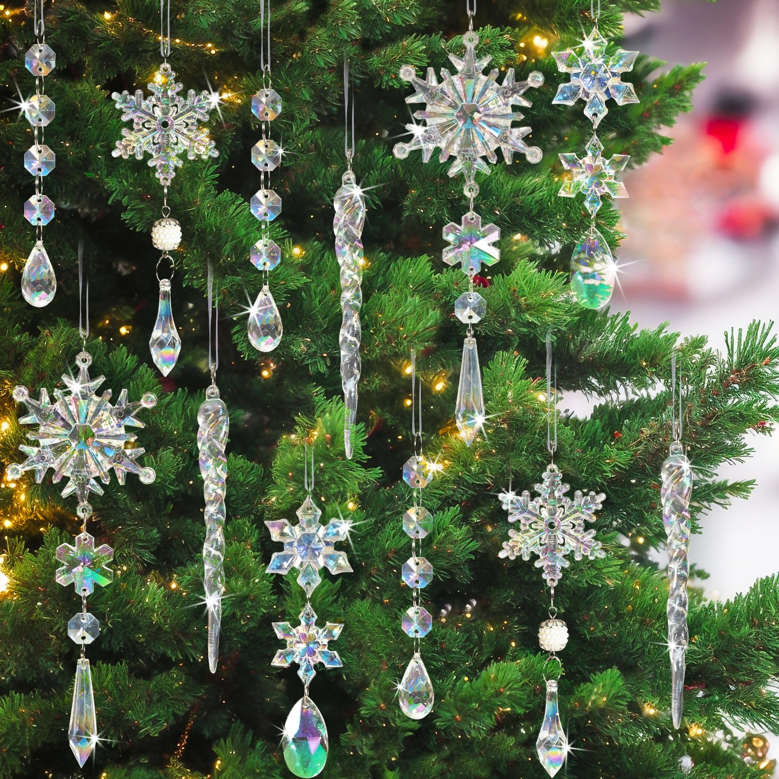 GuassLee 18pcs Crystal Christmas Tree Ornaments - Iridescent Acrylic Snowflake Icicle Drop Crystal Hanging Ornaments for Tree Iridescent Party Decor Christmas Frozen Themed Birthday Decor