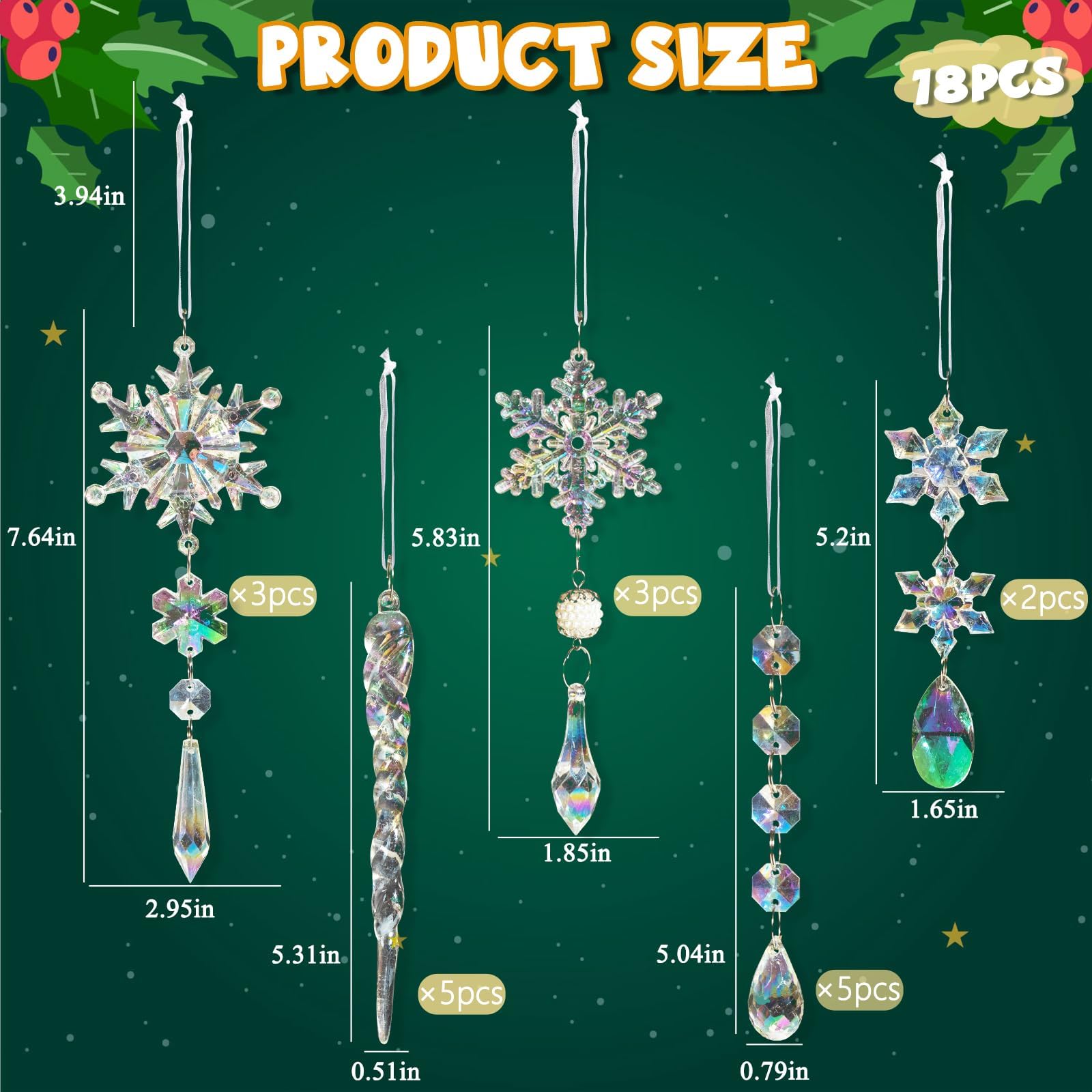 GuassLee 18pcs Crystal Christmas Tree Ornaments - Iridescent Acrylic Snowflake Icicle Drop Crystal Hanging Ornaments for Tree Iridescent Party Decor Christmas Frozen Themed Birthday Decor