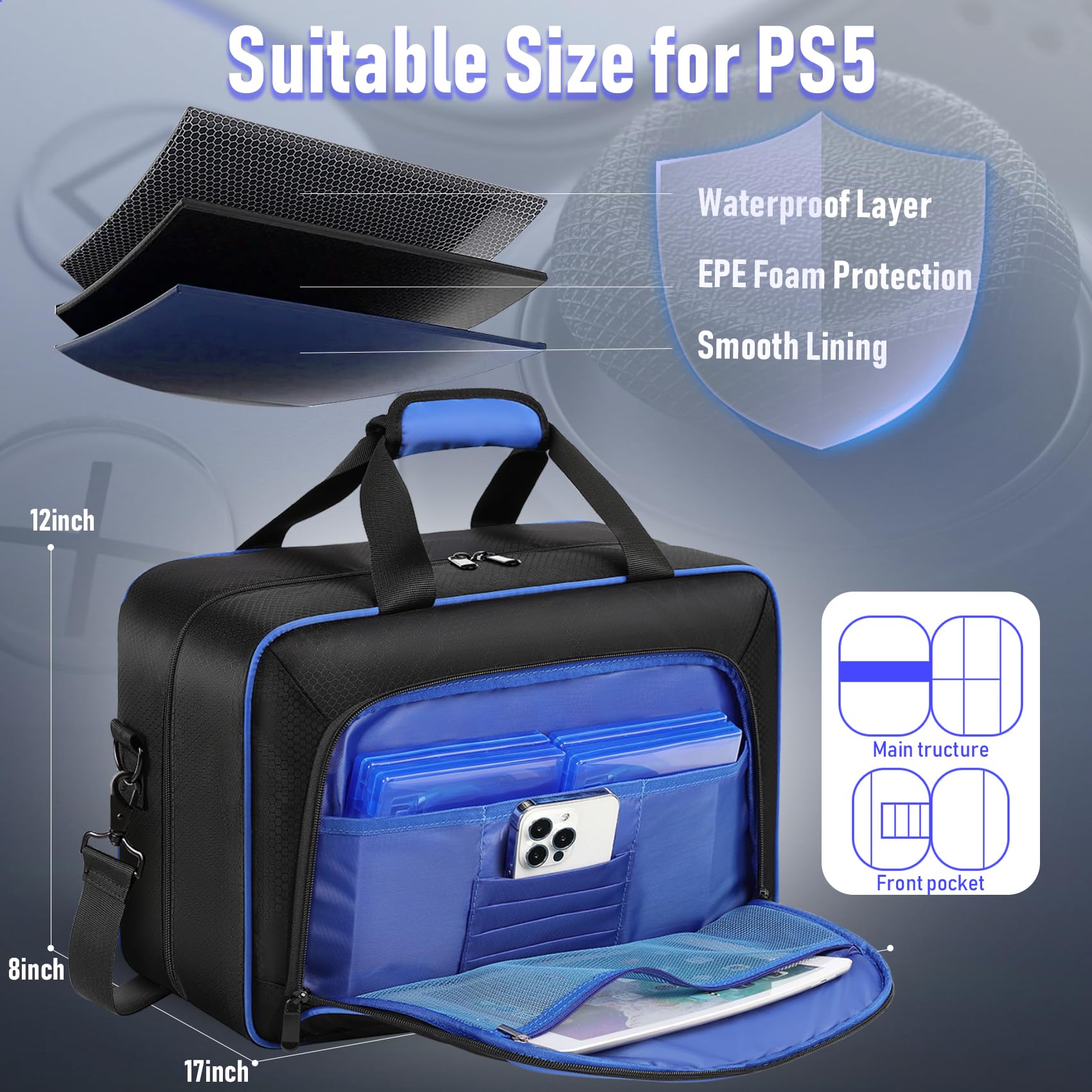 COMECOI Carrying Case for PS5, Travel Case for PS 5 Protective, Large Capacity Storage Bag Compatible with Playstation 5 Disk/ Digital Edition Console, Controllers, Game Cards, Accessories