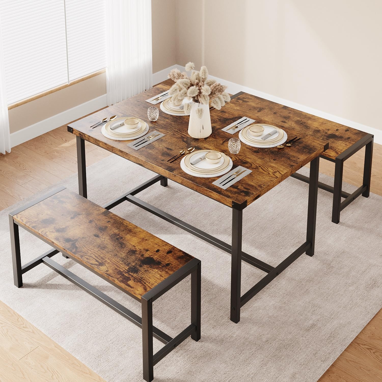 IDEALHOUSE Dining Table Set for 4, Kitchen Table with Benches, Rectangular Dining Room Table Set with 2 Metal Wood Benches, 3 Piece Dining Table Set for Small Space, Apartment, Studio, Rustic Brown