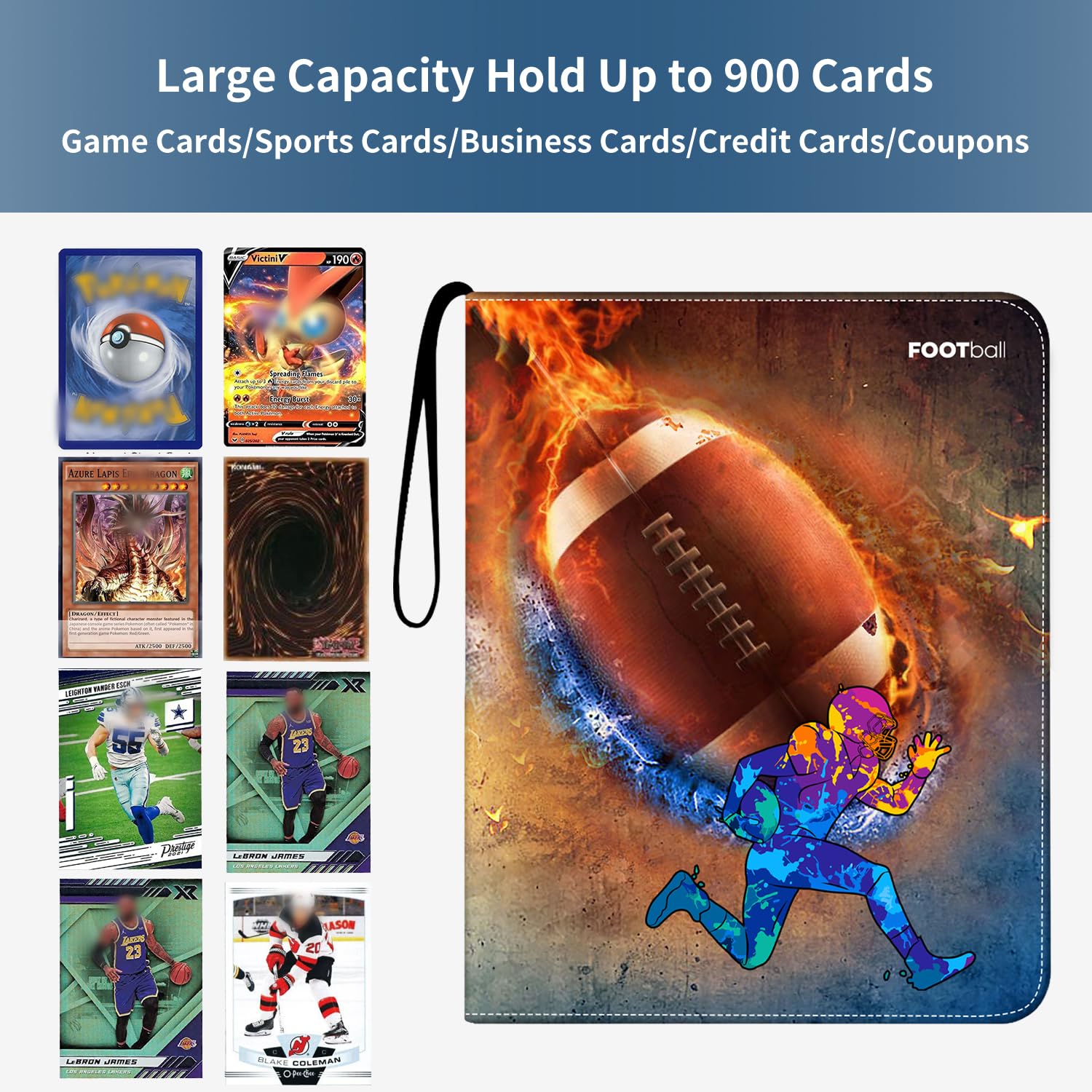 HESTECH Football Card Binder with Sleeves 3 Ring Binder, Fits 900 Pockets Sports Card Holder Protectors Albums Card Storage Box Organizer Case for Baseball Basketball Gaming Trading Cards MTG