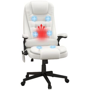 homcom high back vibration massage office chair with 6 vibration points, heated reclining pu leather computer chair with armrest and remote, white