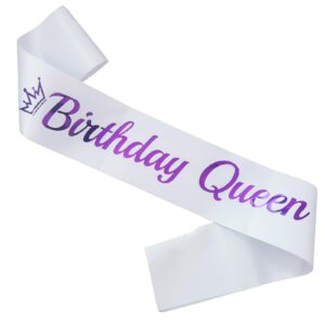 lxyxuun birthday queen sash white, purple foil birthday sash for women funny birthday party decorations, 21st 30th 40th 50th bday sash gift ideas