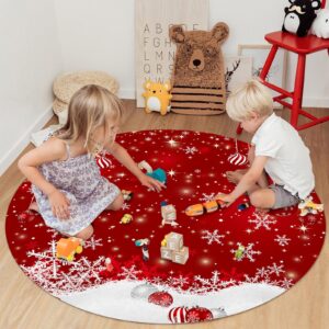 Christmas Balls Round Area Rug 5ft,Washable Outdoor Indoor Carpet Runner Rug for Bedroom,Kitchen,Bathroom,Living/Dining/Laundry Room,Office,Area+Rug Large Bath Door Mat Red Xmas Winter Snowflake