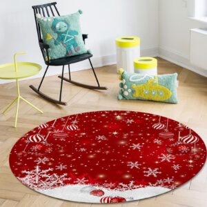 Christmas Balls Round Area Rug 5ft,Washable Outdoor Indoor Carpet Runner Rug for Bedroom,Kitchen,Bathroom,Living/Dining/Laundry Room,Office,Area+Rug Large Bath Door Mat Red Xmas Winter Snowflake