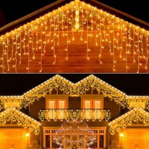 christmas lights, christmas decorations outdoor indoor 416 leds 34ft with 8 modes icicle string lights, 2023 new waterproof christmas lights for house, garden, holiday, wedding party, yard decor