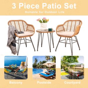 Tappio 3 Piece Outdoor Wicker Furniture Patio Bistro Set, Balcony Furniture Rattan Conversation Sets, Outdoor Patio Chairs Set for Porch Poolside Garden, Beige