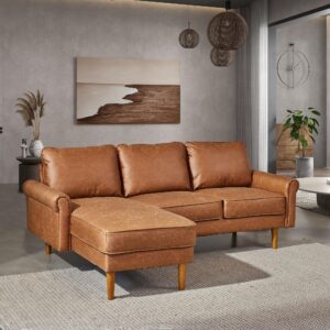 weaxty 81.55" sofa couch, l shaped faux leather sectional with chaise suede fabric couch sofas with comfortable cushions for small space living room apartment, left chaise brown