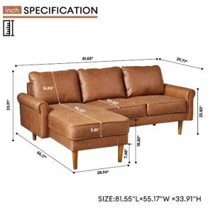 Weaxty 81.55" Sofa Couch, L Shaped Faux Leather Sectional with Chaise Suede Fabric Couch Sofas with Comfortable Cushions for Small Space Living Room Apartment, Left Chaise Brown