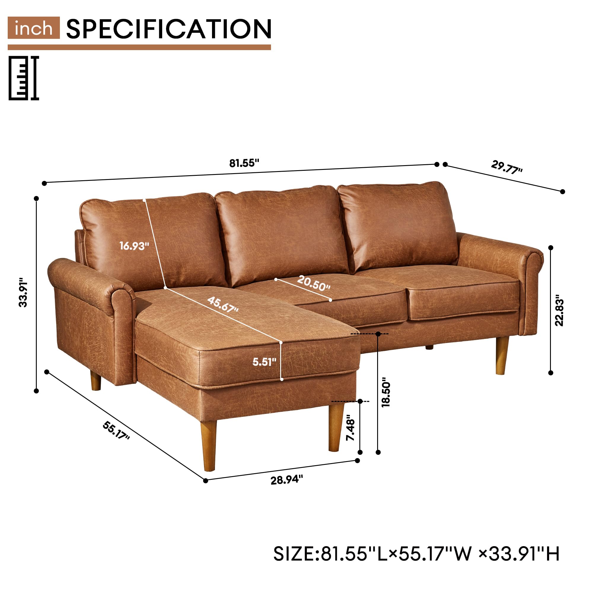 Weaxty 81.55" Sofa Couch, L Shaped Faux Leather Sectional with Chaise Suede Fabric Couch Sofas with Comfortable Cushions for Small Space Living Room Apartment, Left Chaise Brown