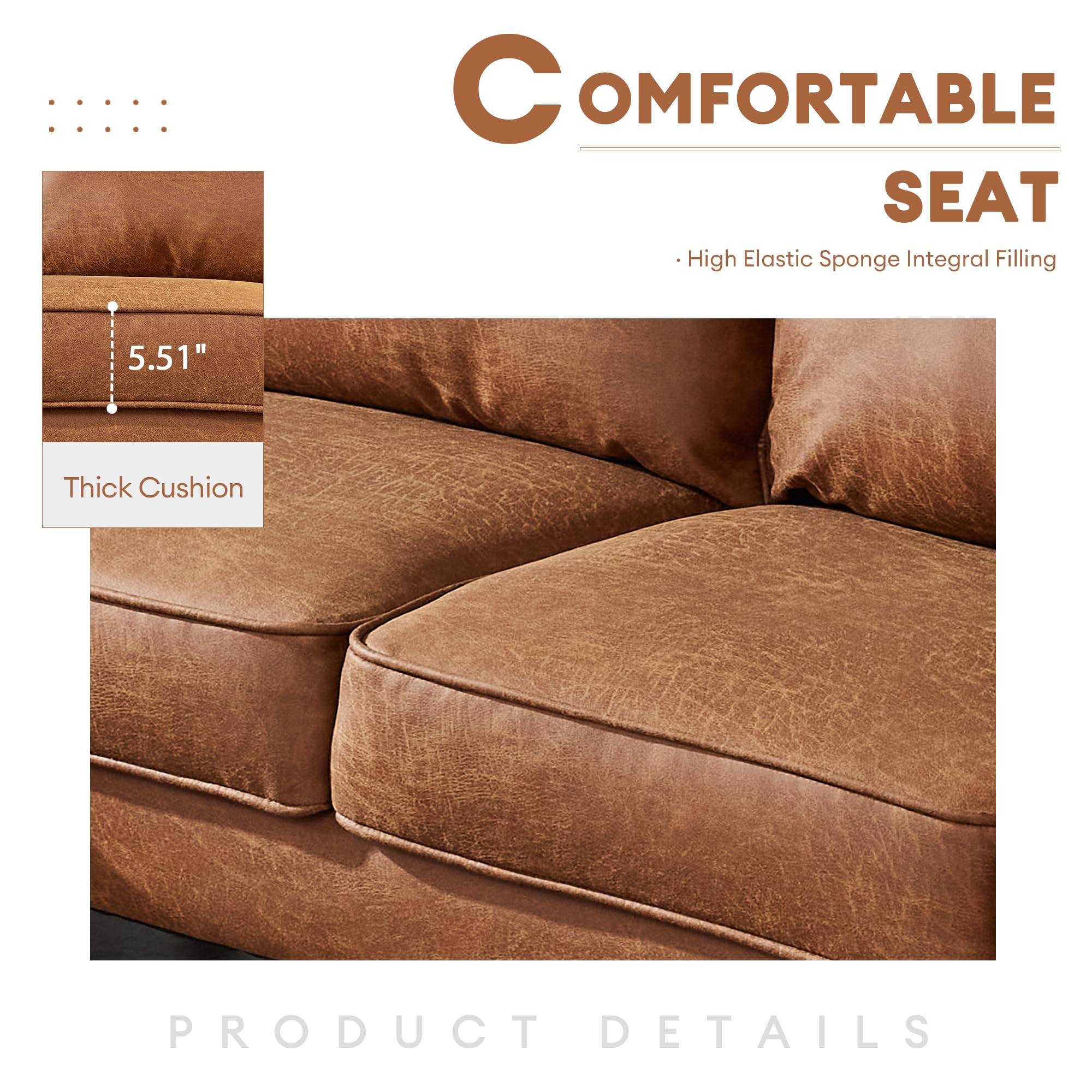 Weaxty 81.55" Sofa Couch, L Shaped Faux Leather Sectional with Chaise Suede Fabric Couch Sofas with Comfortable Cushions for Small Space Living Room Apartment, Left Chaise Brown