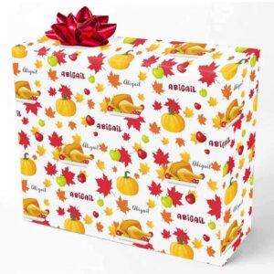 mypupsocks personalized turkey pumpkin and white red wrap paper with text, custom name thanksgiving wrapping paper roll for boys girls kids baby shower festival winter holiday christmas 58x23 1 roll