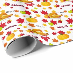 MyPupSocks Personalized Turkey Pumpkin and White Red Wrap Paper with Text, Custom Name Thanksgiving Wrapping Paper Roll for Boys Girls Kids Baby Shower Festival Winter Holiday Christmas 58x23 1 Roll