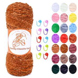 tlkkue chunky chenille yarn(7oz/200g), 3 strands of yarn soft chenille velvet yarn for crocheting knitting thick blanket yarn for shoe hat clothing cushion (brown)