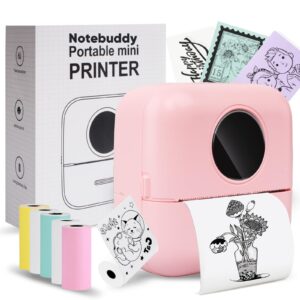 brona notebuddy mini portable printer, bluetooth smart pocket inkless thermal printer with 5 roll papers for journal/diy scrapbook/travel/notes/lists/label/memo, receipt printer for ios&android