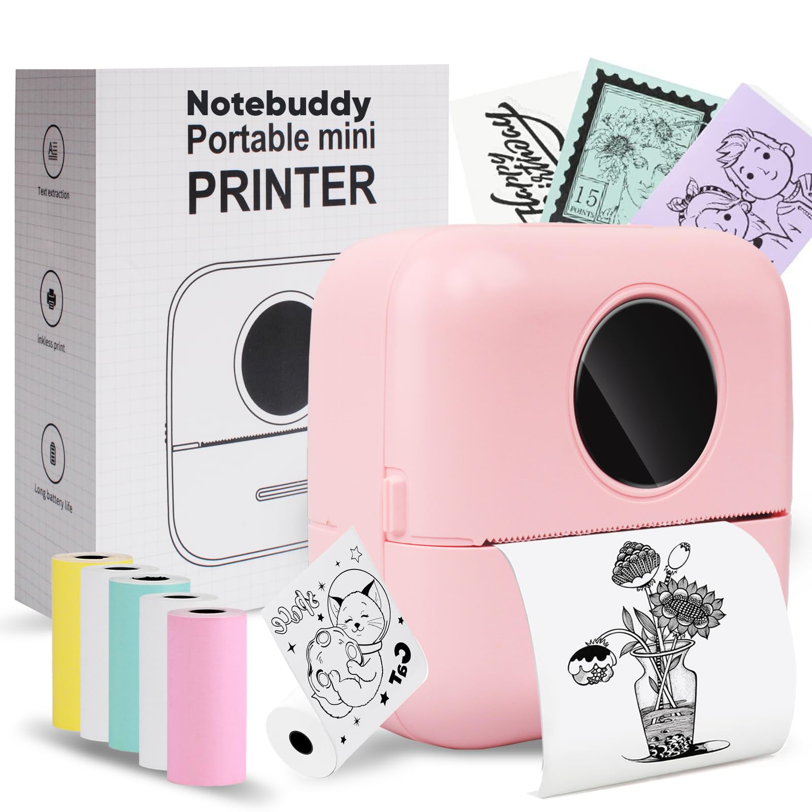 BRONA Notebuddy Mini Portable Printer, Bluetooth Smart Pocket Inkless Thermal Printer with 5 Roll Papers for Journal/DIY Scrapbook/Travel/Notes/Lists/Label/Memo, Receipt Printer for iOS&Android