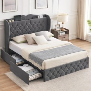 queen bed frame with 4 storage drawers and charging station, upholstered platform bed with tall headboard and storage shelf, luxurious velvet button tufted and wingback,wooden slats support, grey