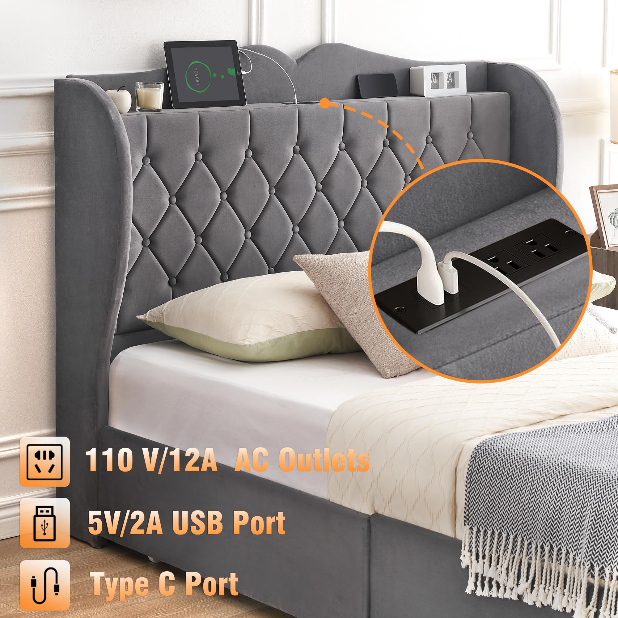 Queen Bed Frame with 4 Storage Drawers and Charging Station, Upholstered Platform Bed with Tall Headboard and Storage Shelf, Luxurious Velvet Button Tufted and Wingback,Wooden Slats Support, Grey