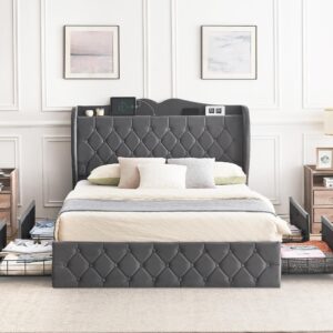 Queen Bed Frame with 4 Storage Drawers and Charging Station, Upholstered Platform Bed with Tall Headboard and Storage Shelf, Luxurious Velvet Button Tufted and Wingback,Wooden Slats Support, Grey