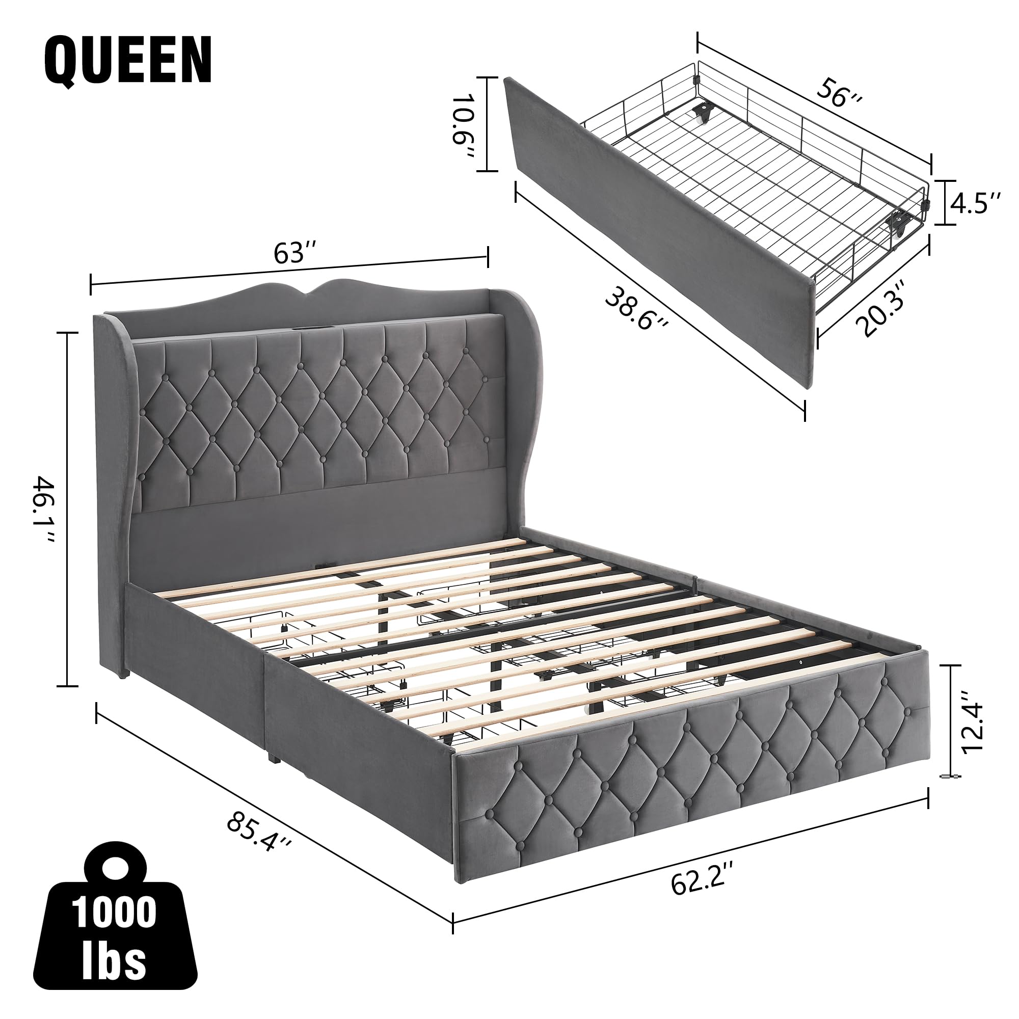 Queen Bed Frame with 4 Storage Drawers and Charging Station, Upholstered Platform Bed with Tall Headboard and Storage Shelf, Luxurious Velvet Button Tufted and Wingback,Wooden Slats Support, Grey