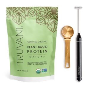 truvani vegan matcha protein powder with frother & scoop bundle - 20g of organic plant based protein powder - includes portable mini electric whisk & durable protein powder scoop