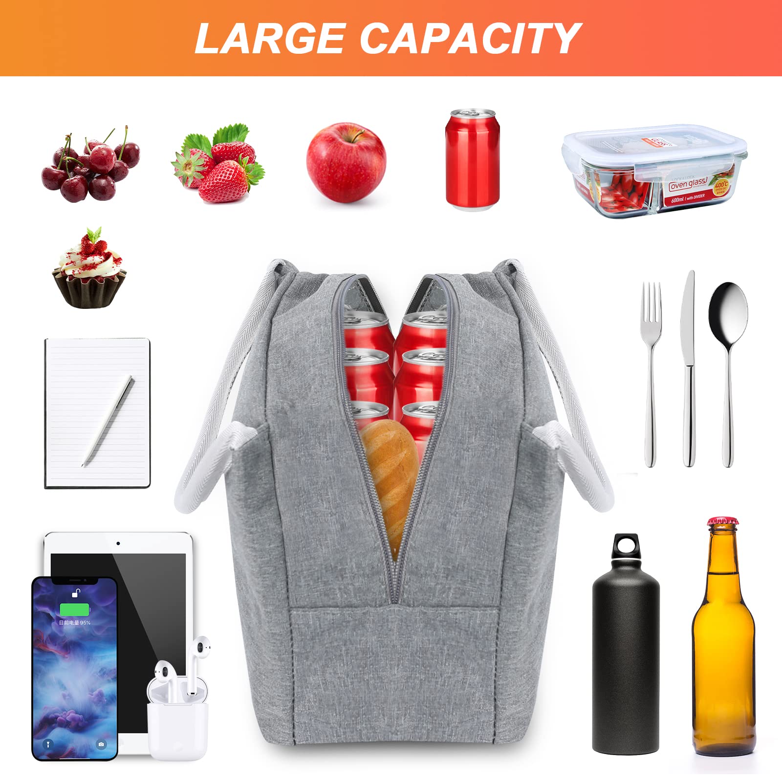 Ohiatn Lunch Bag for Women Men Insulated Lunch Box Bags for Adult, Reusable Lunch Tote Bag Portable Lunch Cooler Bags Leakproof Thermal High Capacity Hangbags for Work Office Picnic Outdoor, Grey