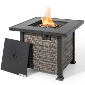 costway 32" outdoor fire table, 50,000 btu propane fire pit table w/lid & lava rocks rain cover, rattan style metal patio fireplace, gas firepit table for outside yard balcony, grey