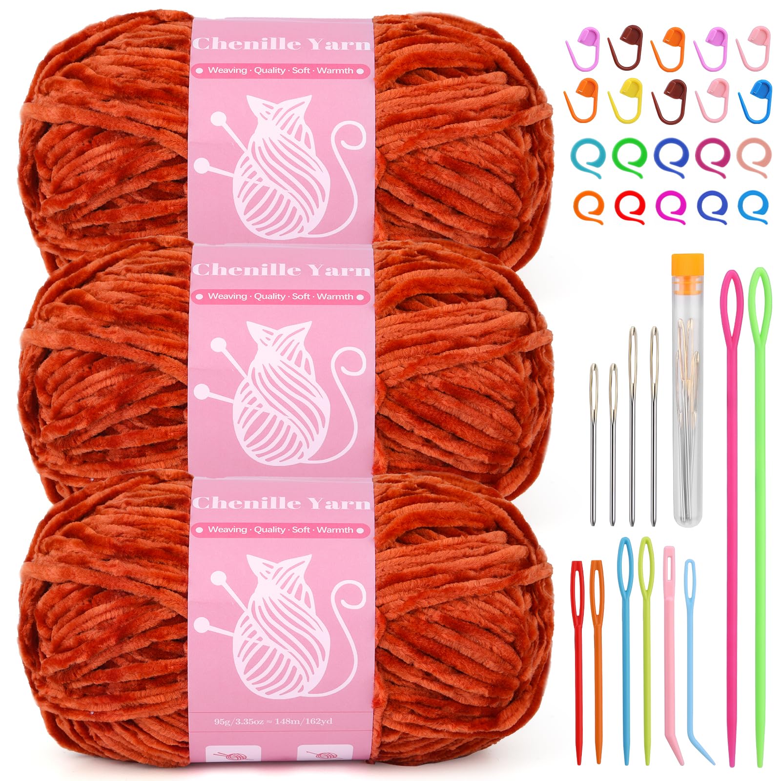 LUNARM Chenille Velvet Yarn, Yarn for Crocheting Knitting with Big Eye Needles, Handcrafts Weaving Soft Chenille Yarn for Making Blankets, Clothes, Pattern Knitting - 3*3.35oz,3*162yds (Red Orange)